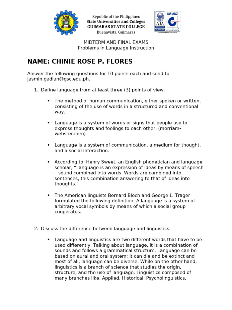 Language Instruction Exam Questions | PDF | Phonics | Linguistics