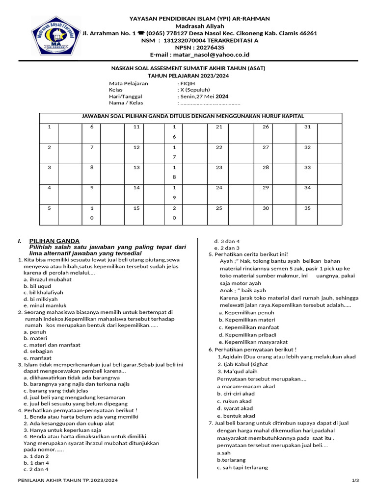 SOAL PAT Fiqih Kls X S.2 2023-2024 | PDF