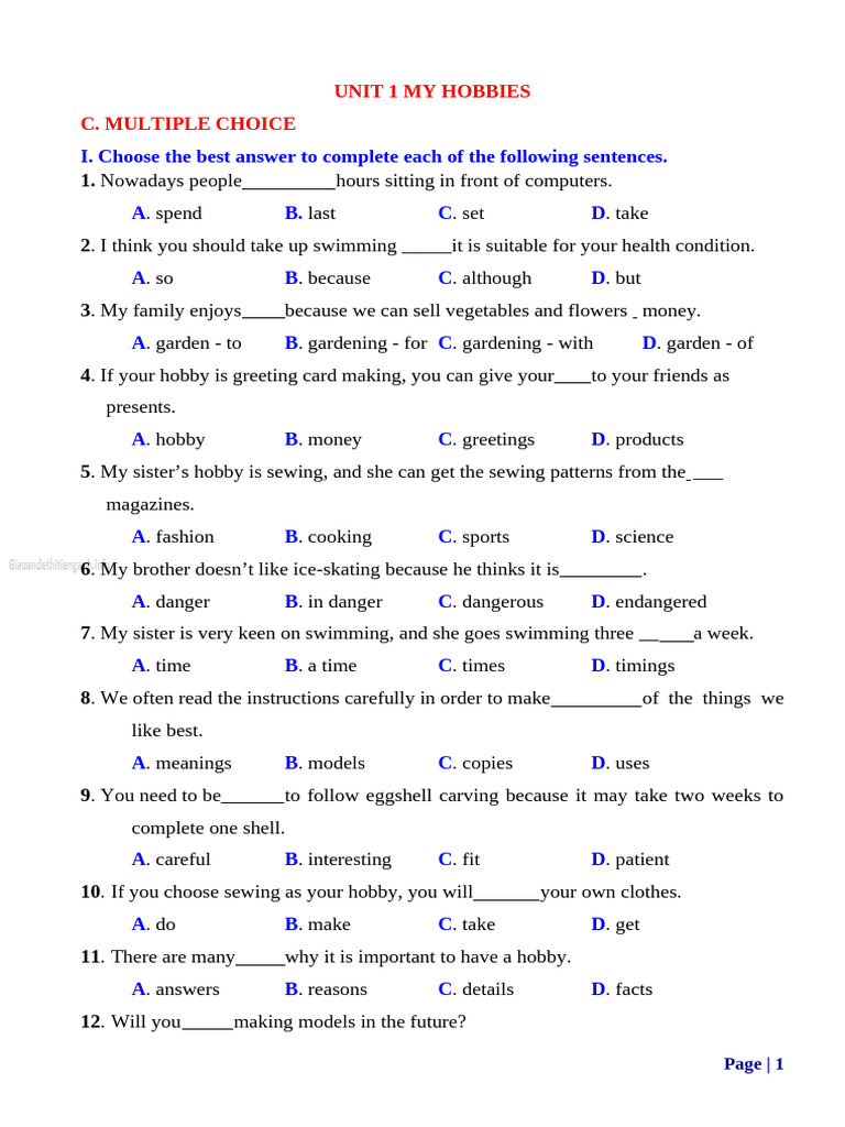 Multiple Choice E7 (Unit 1-6) | PDF