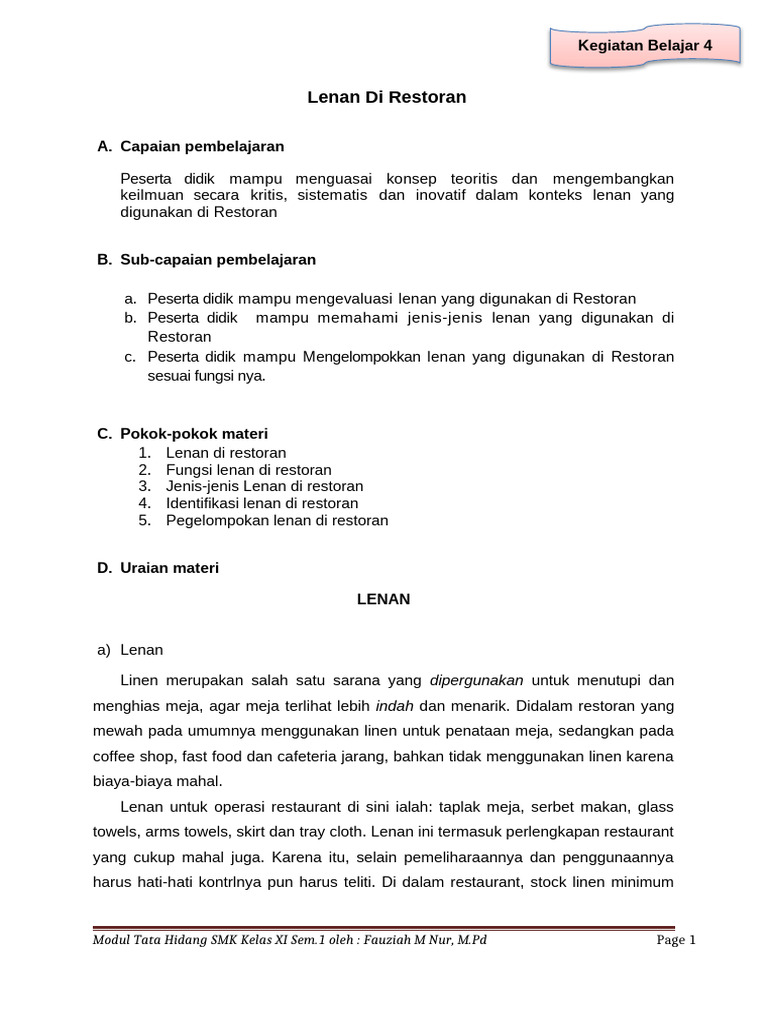 Modul KB 4 Lenan Di Rstoran Auziah M Nur | PDF