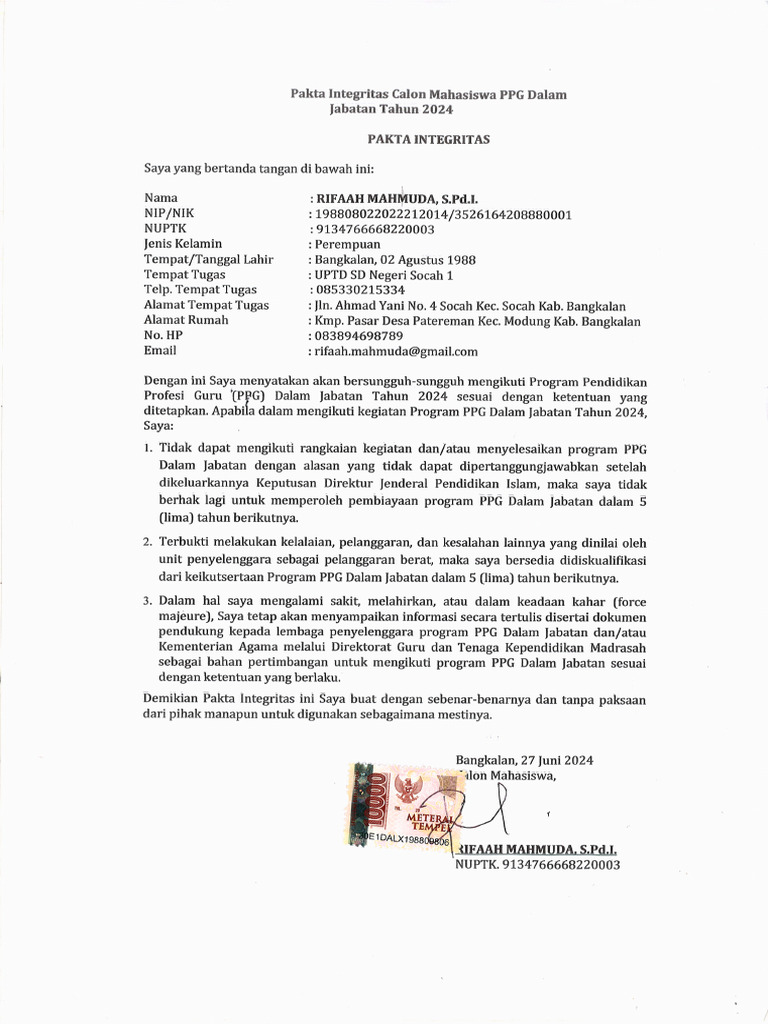 Pakta Integritas | PDF