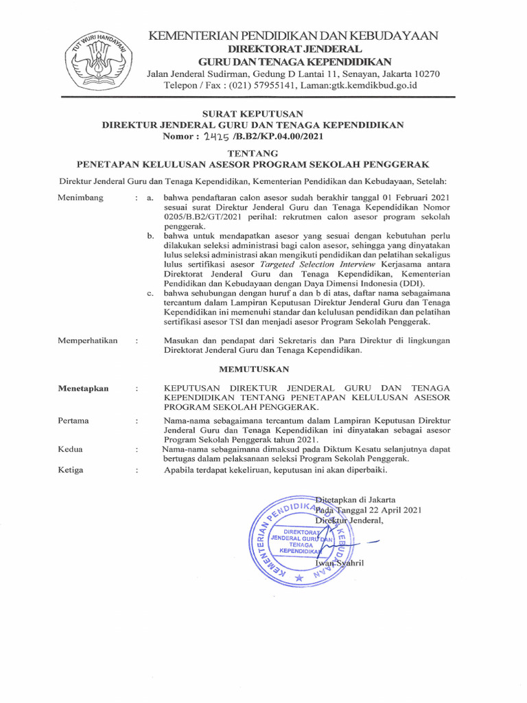 SK Dirjen GTK 2425-Asesor Sekolah Penggerak | PDF