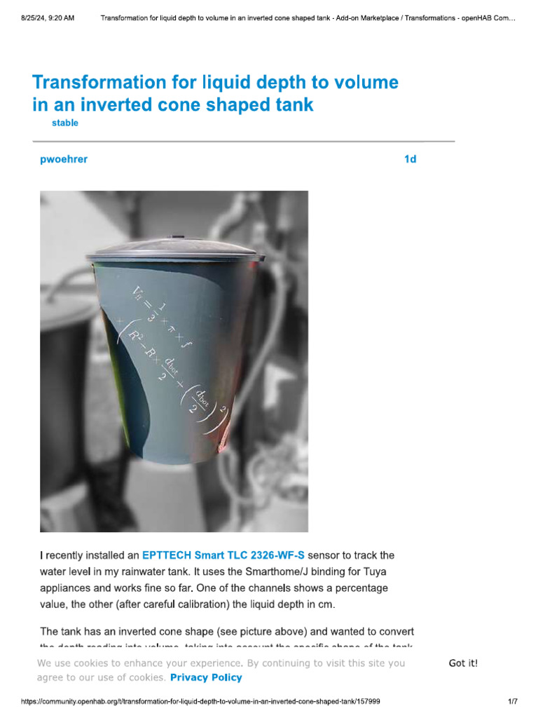 Transformation For Liquid Depth To Volume in An Inverted Cone Shaped ...