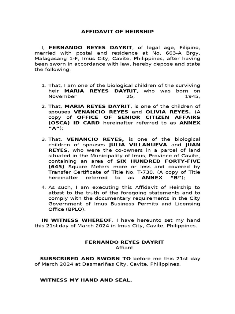 Affidavit of Heirship Fernando Reyes Dayrit | PDF