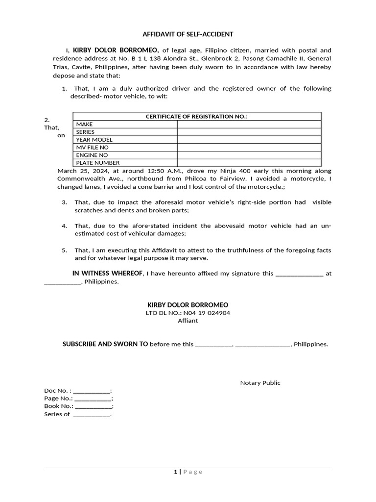 Affidavit of Self-Accident Kirby Dolor Borromeo | PDF