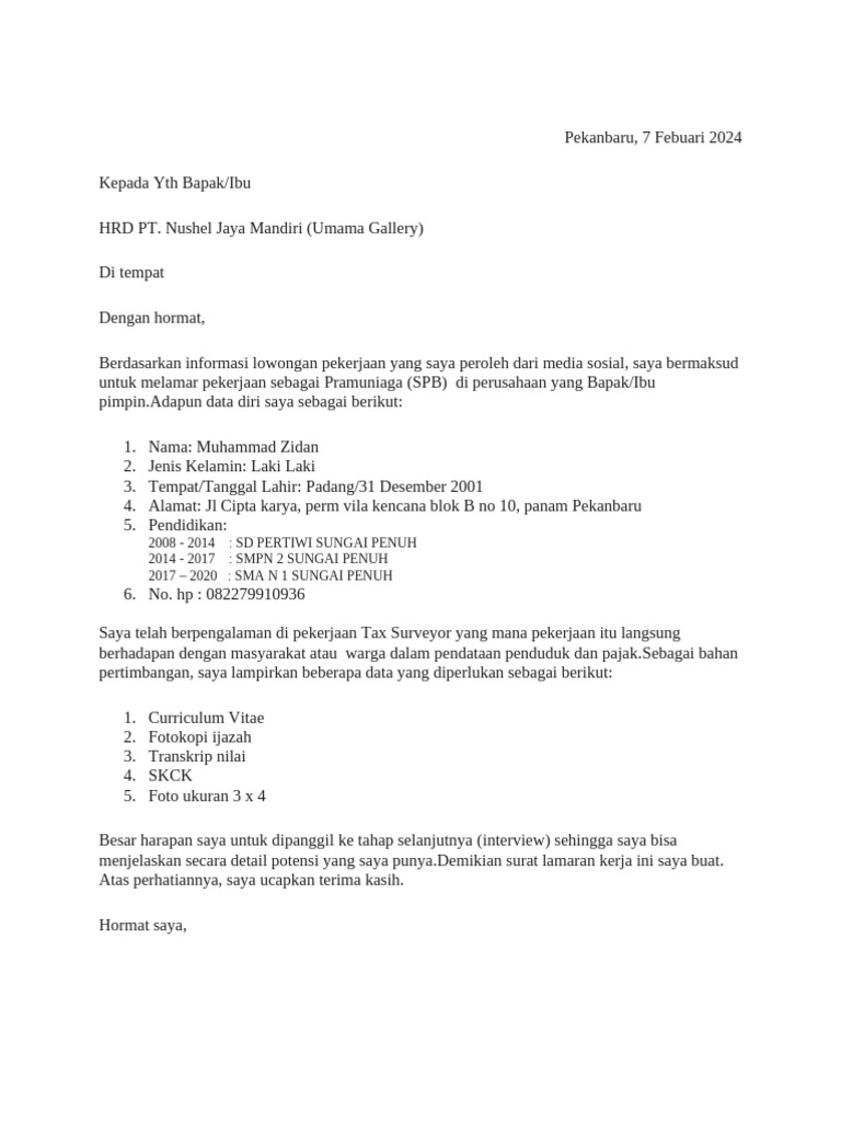 Surat Lamaran Umama | PDF