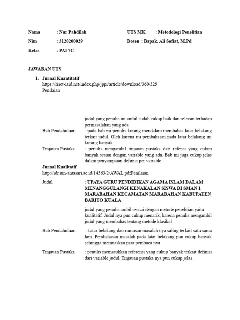 Uts Nur Pahdilah Metlit 3120200029 | PDF