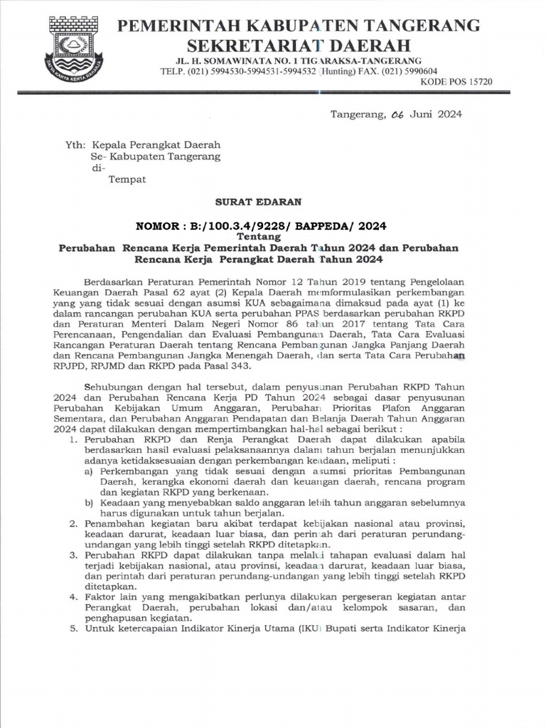 SE Perubahan RKPD 2024 Dan Perubahan Rencana Kerja PD 2024 Oke | PDF