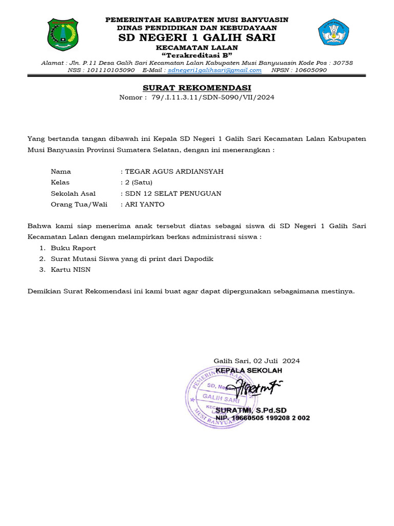 Surat Rekomendasi Tegar | PDF