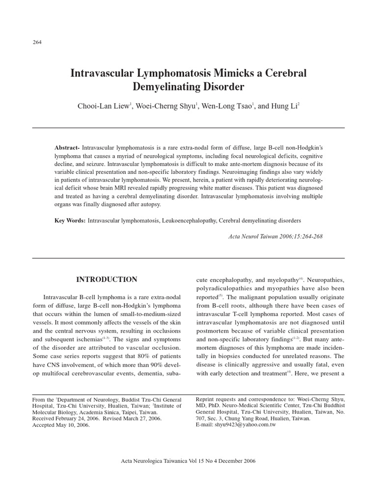 Intravascular Lymphomatosis Mimicks A Cerebral | PDF