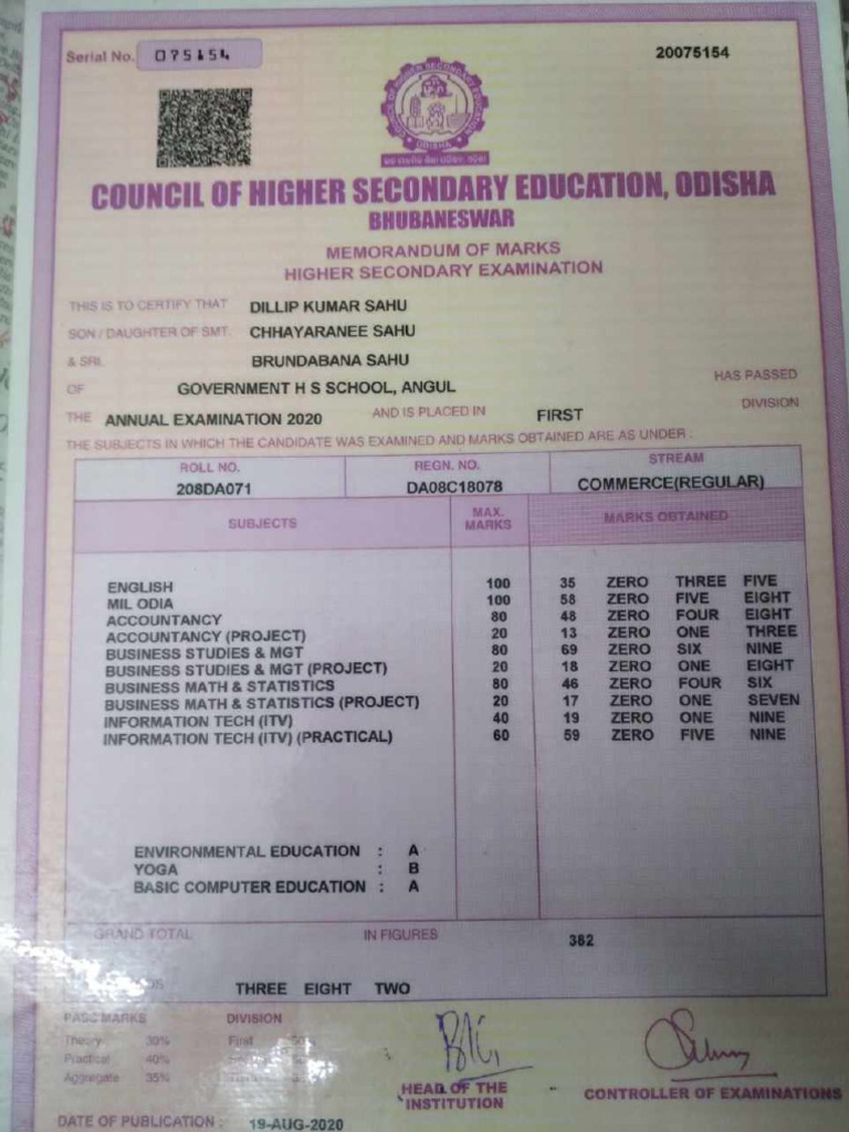 Plustwo Marksheet | PDF