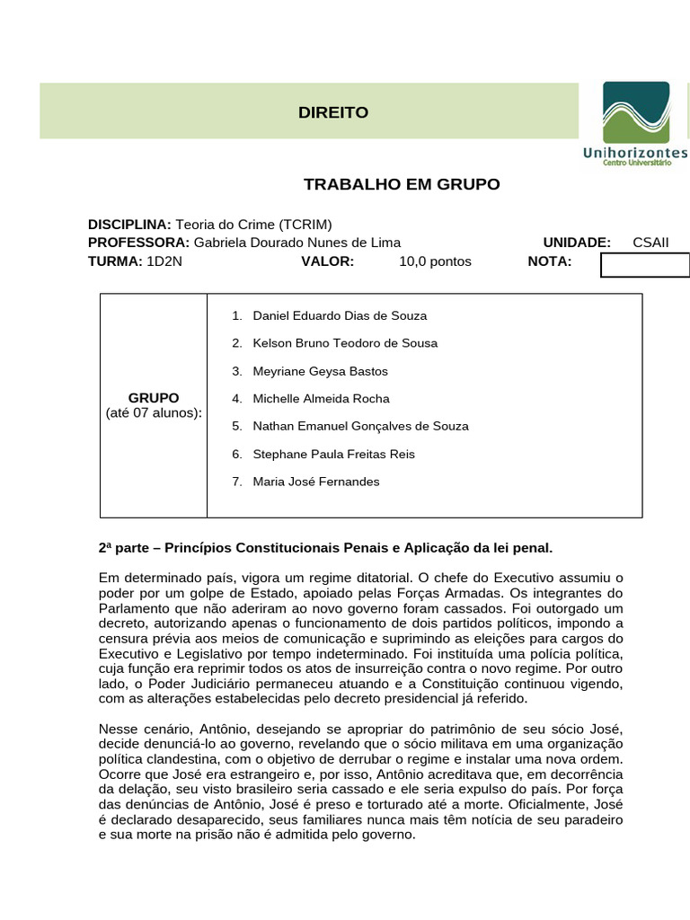 Trabalhos TEORIA DO CRIME 2P | PDF Trabalhos TEORIA DO CRIME 2P | PDF