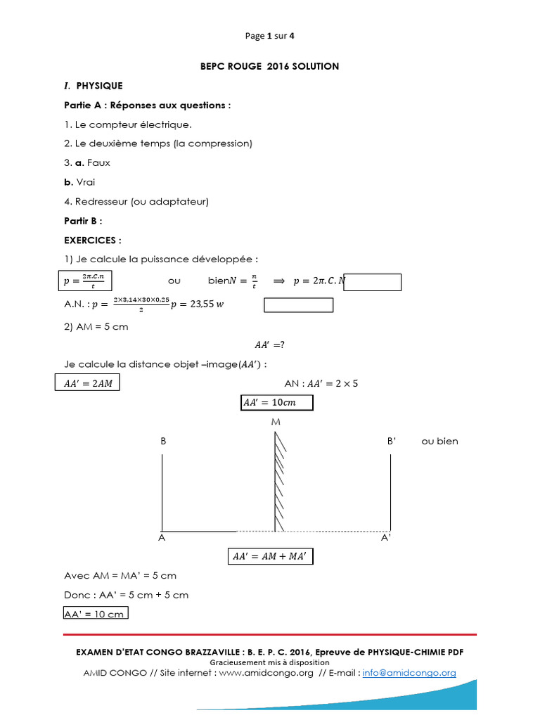 Corrigé BEPC ROUGE Physique Chimie 2016 | PDF