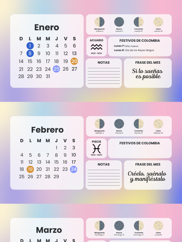 Calendario 2024 Festivos Colombia Sencillo Rosa | PDF