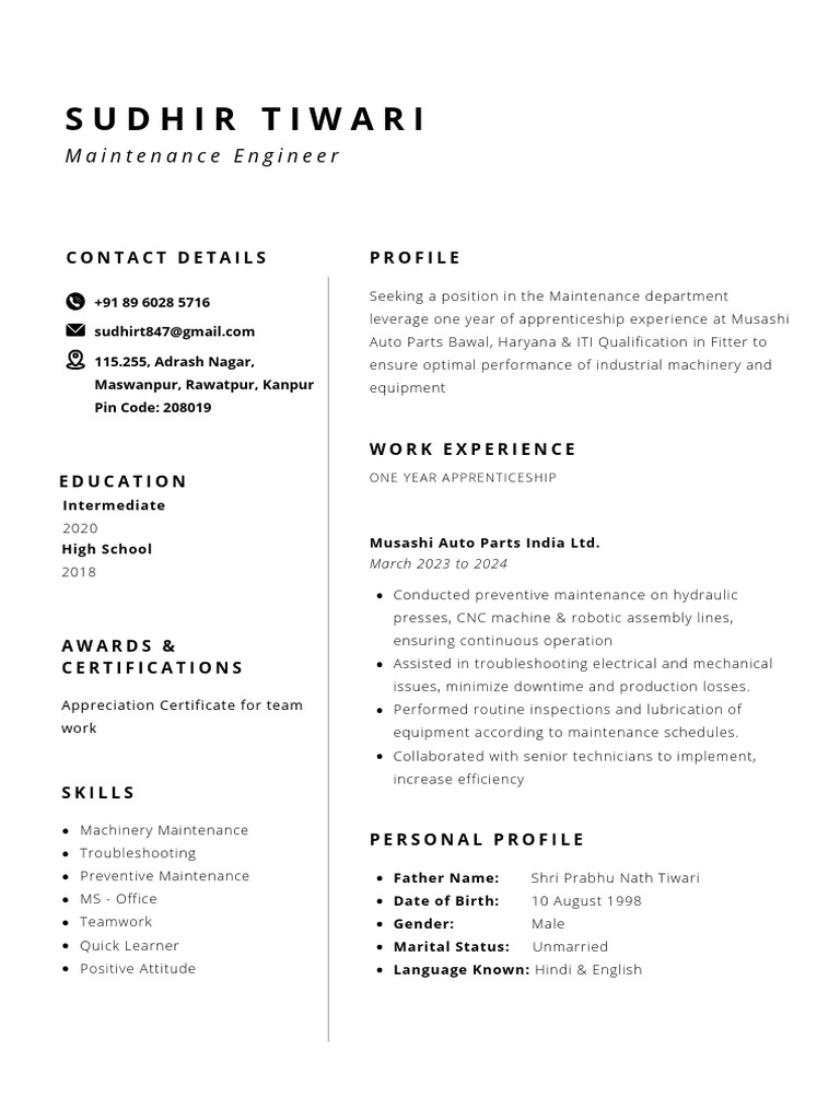 Sudhir Tiwari CV - Maintenance Department | PDF