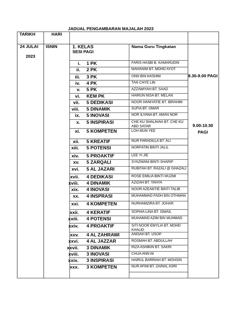 Jadual Pengambaran Majalah 2023 Tarikh Hari 24 Julai 2023 Isnin Sesi Pagi Nama Guru Tingkatan | PDF