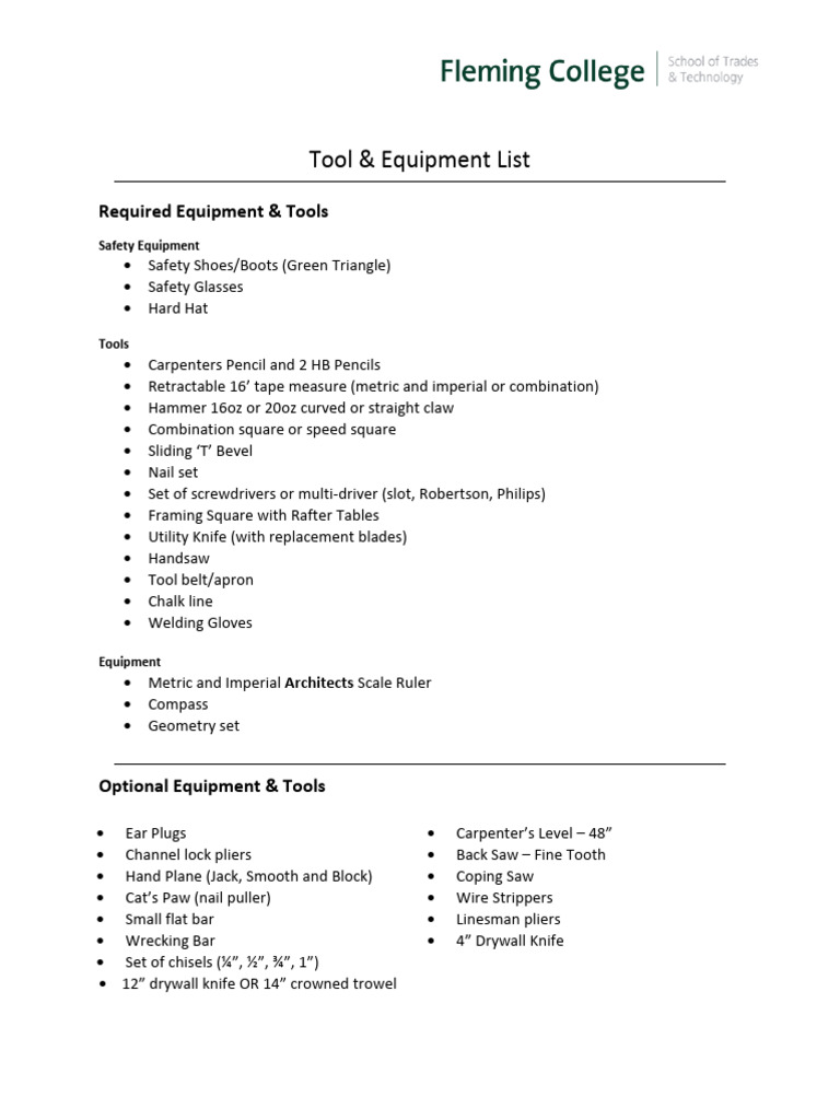 Construction Skills Tool List | PDF