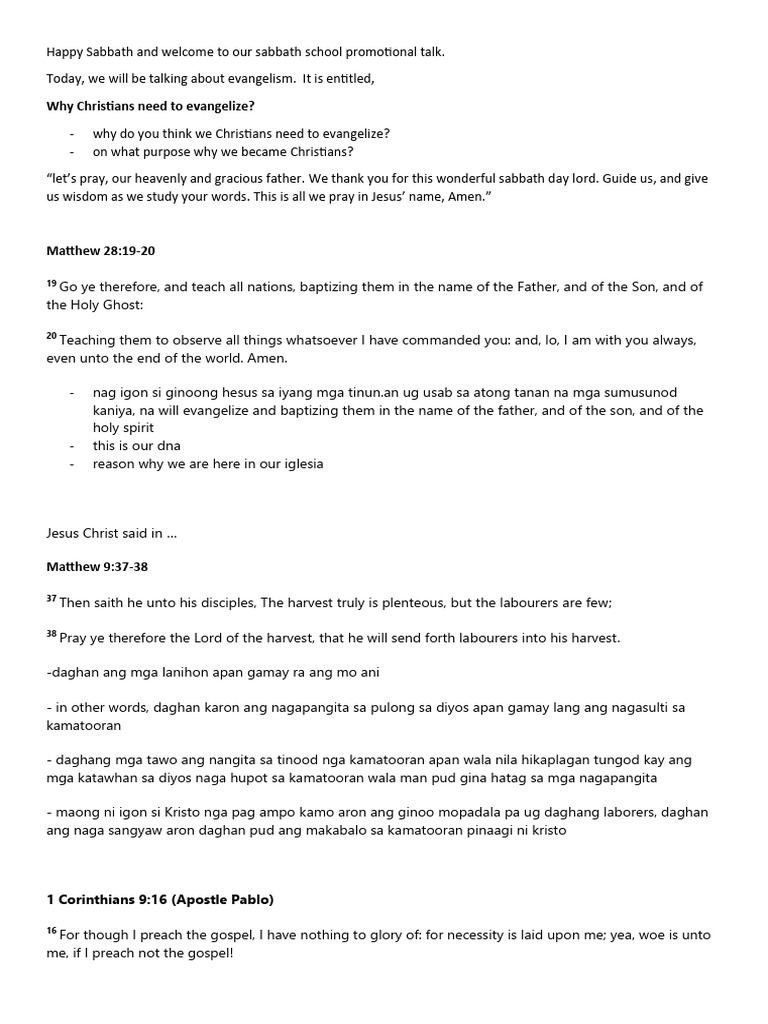 Happy Sabbath and Welcome To Our Sabbath School Promotional Talk | PDF