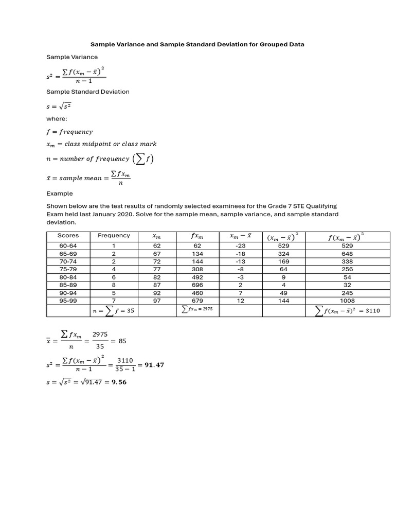 Sample Variance and Sample Standard Deviation For Grouped Data and Measure of Position For ...