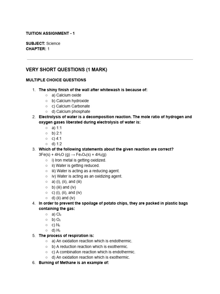 Class 10 Science Chapter 1 Assignment | PDF | Chemical Reactions | Calcium