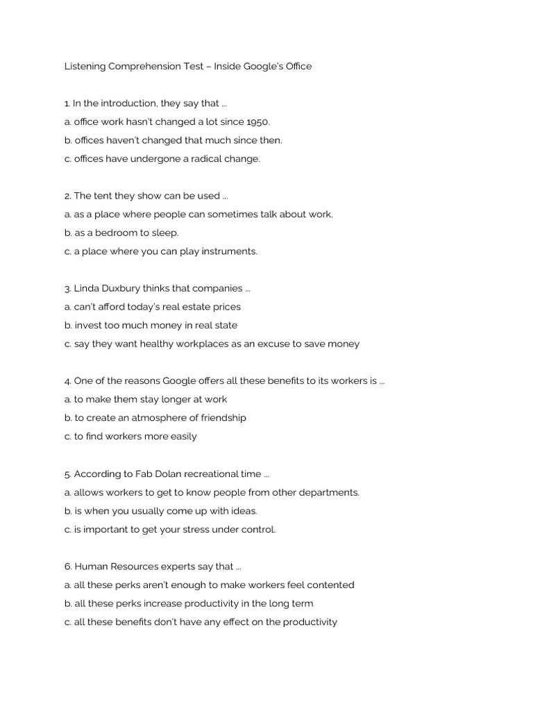 Listening comprehension test - inside google's office | PDF