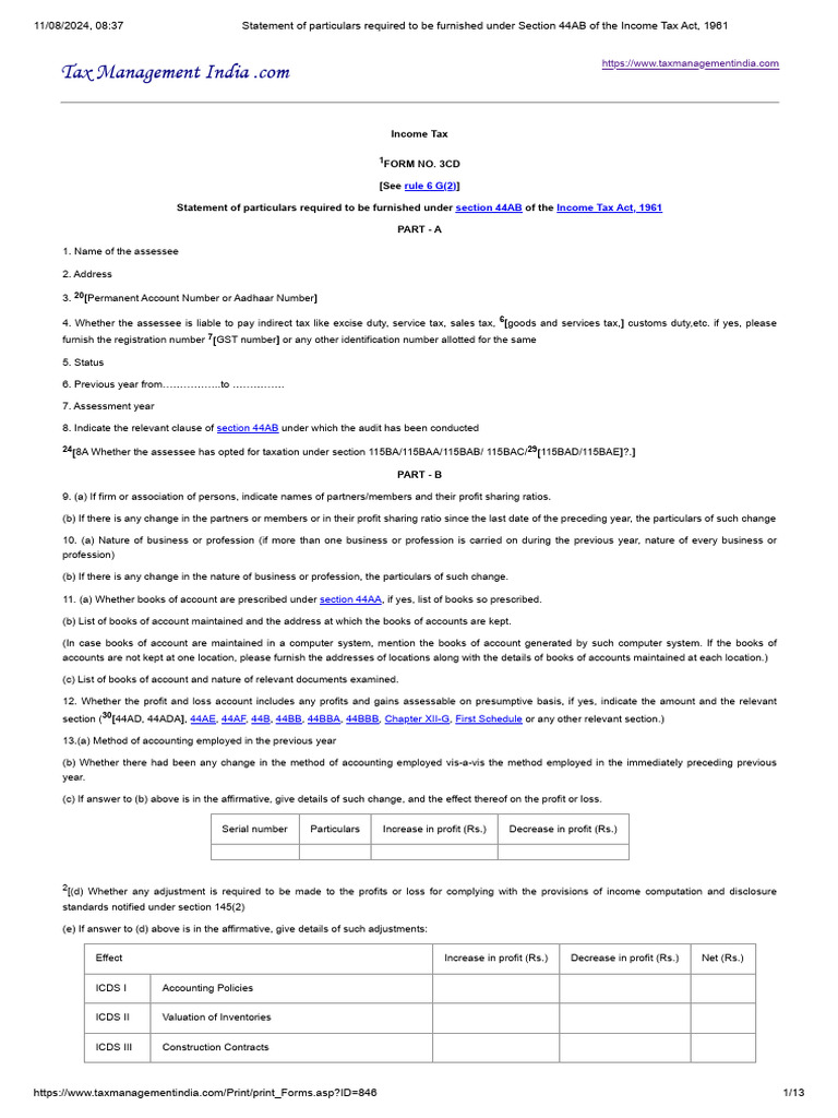 Statement of Particulars Required To Be Furnished Under Section 44AB of ...