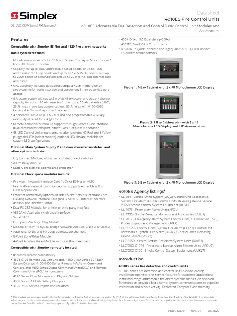 Features: 4010ES Addressable Fire Detection and Control Basic Control ...