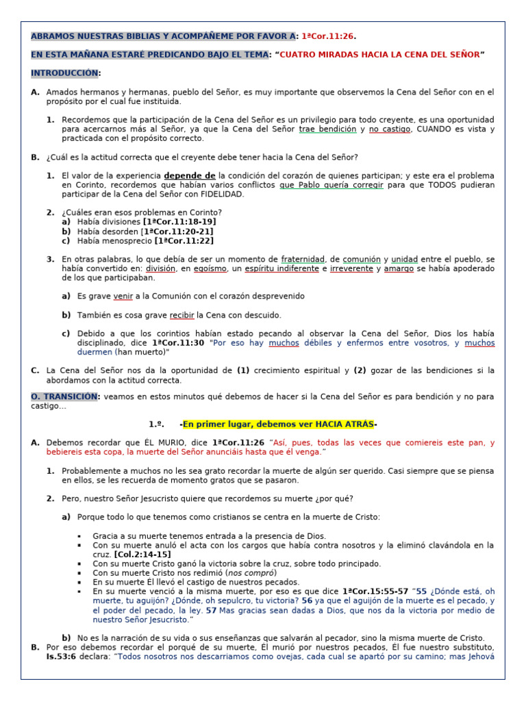 1°Cor.11.26 -Cuatro miradas hacia la Cena del Señor- Culto General. Dom.02 de Octubre del 2022 | PDF