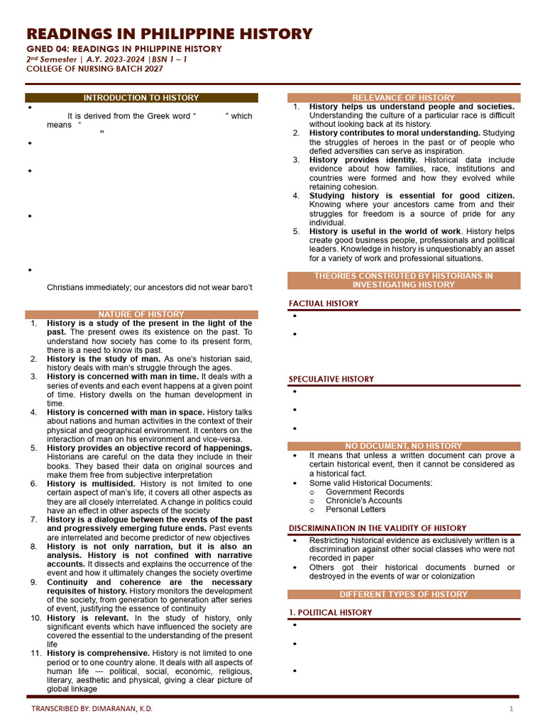 Readings in PH History - Lec 1 - Introduction To History | PDF