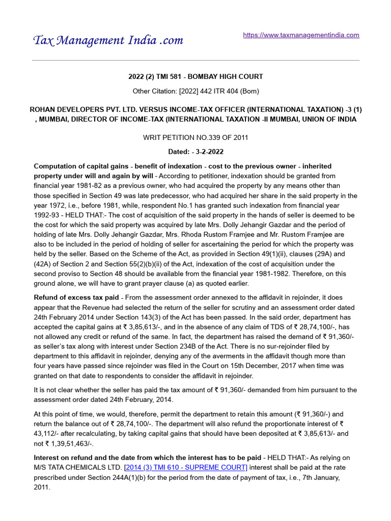 Rohan Developers Pvt. Ltd. Vs ITO | PDF