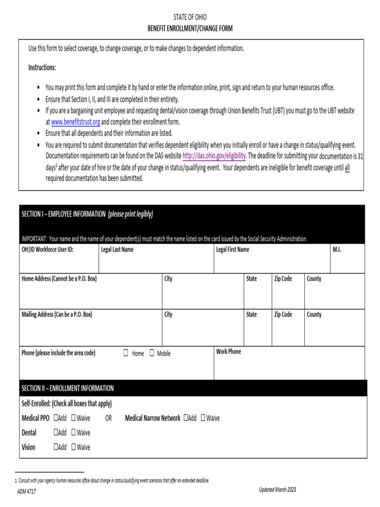 Benefit Enrollment and Change Form - Ohio Med PPO and Ohio Med NN | PDF ...