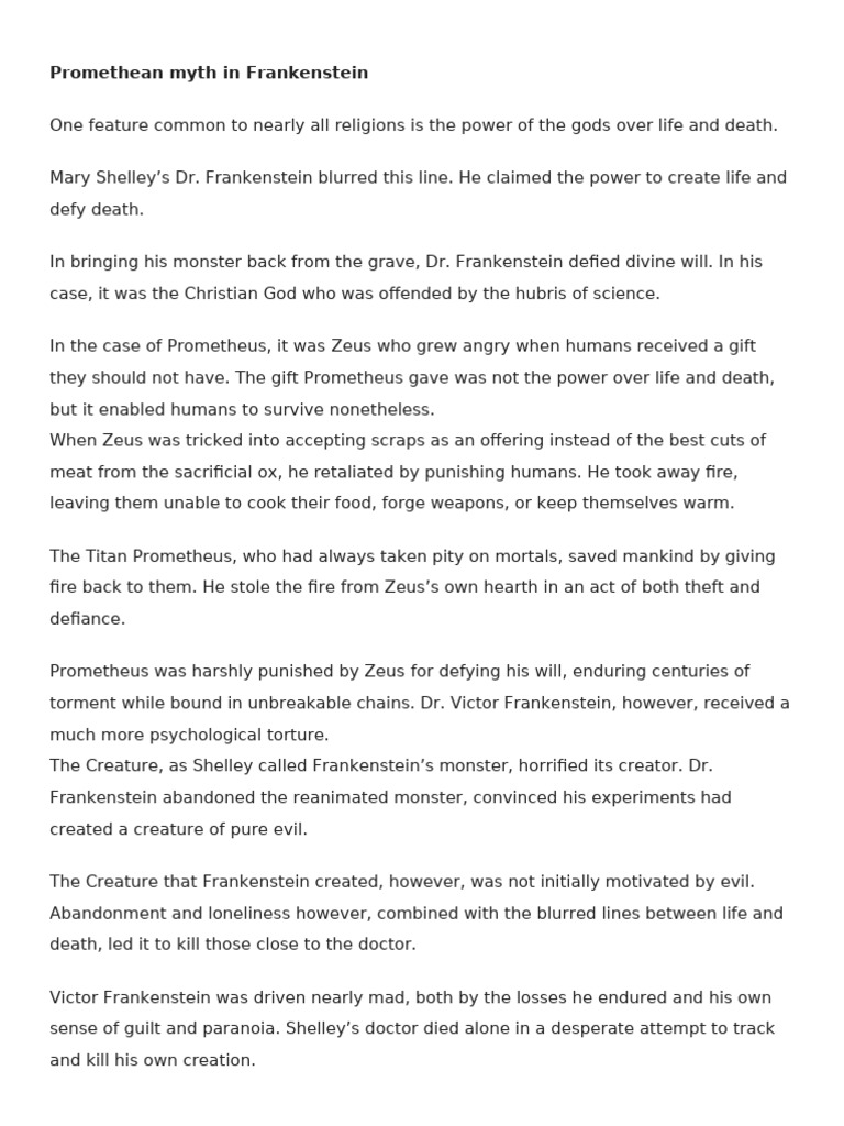 Promethean Myth in Frankenstein | PDF