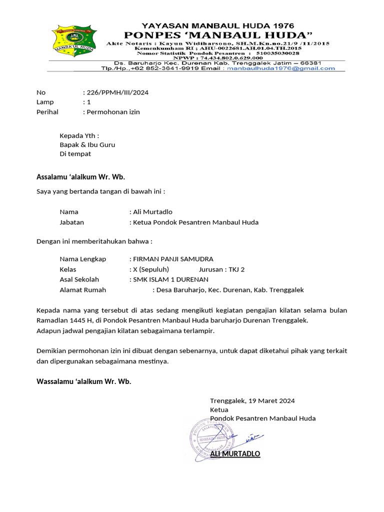 Surat Izin PPMH Ramadlan | PDF