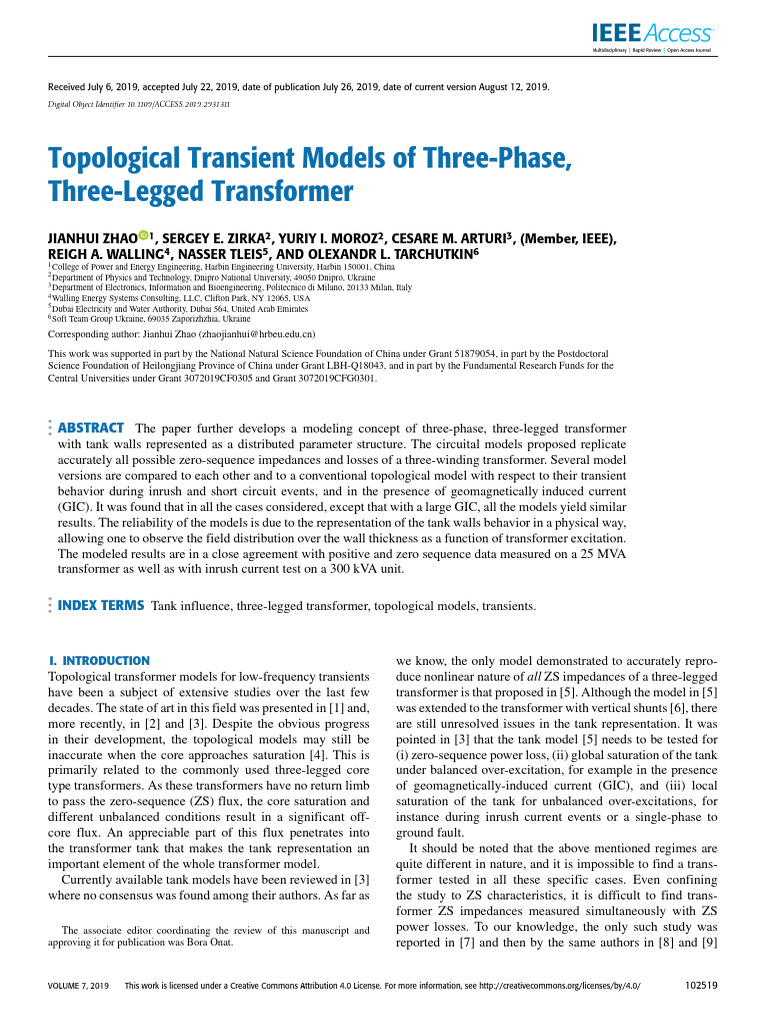 Sergey E. Zirka 2019 Topological Transient Models of Three-Phase, Three-Legged Transformer | PDF
