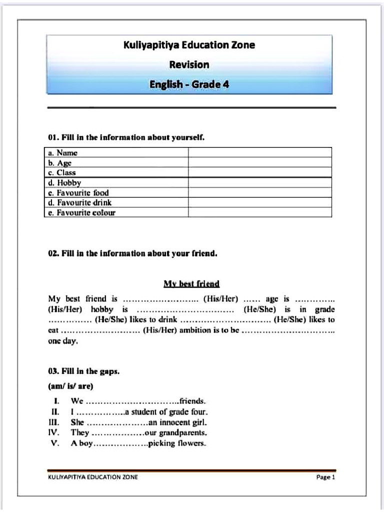 English Grade 4 Revision 2020 | PDF
