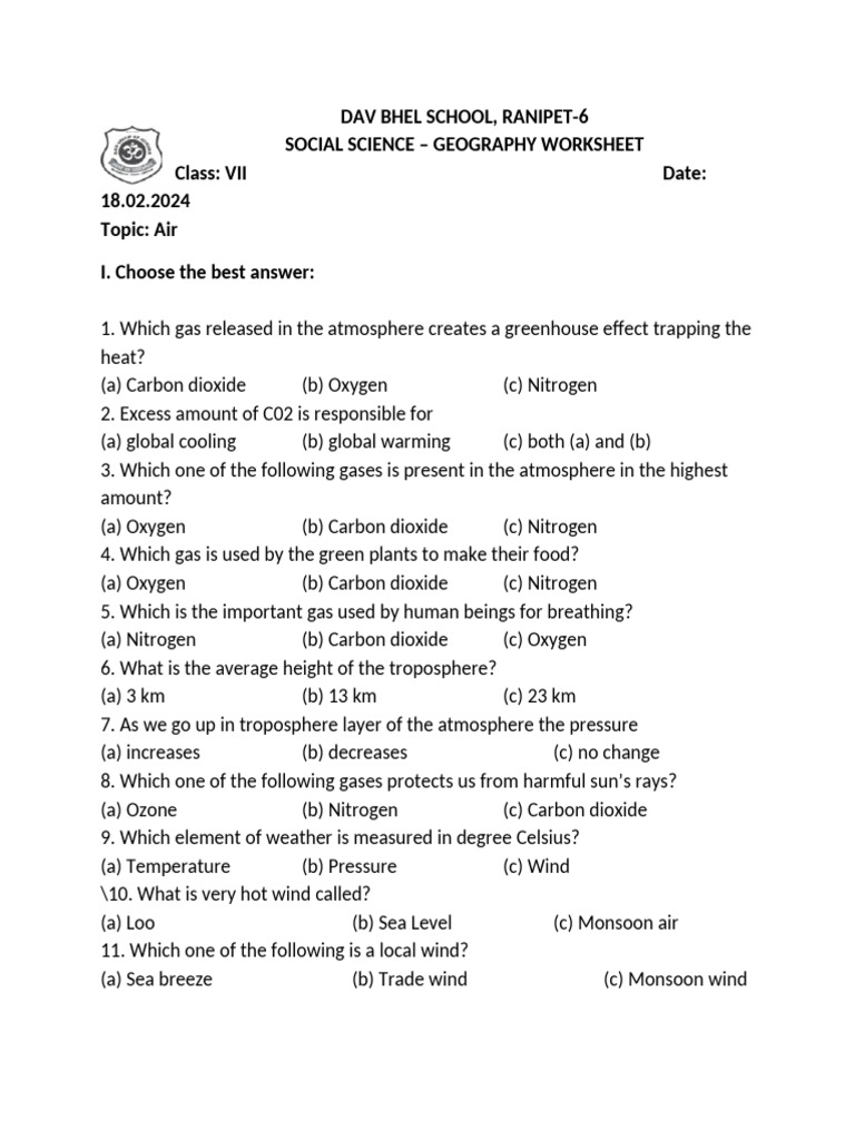 Class 7 - Geography LN Air Worksheet | PDF