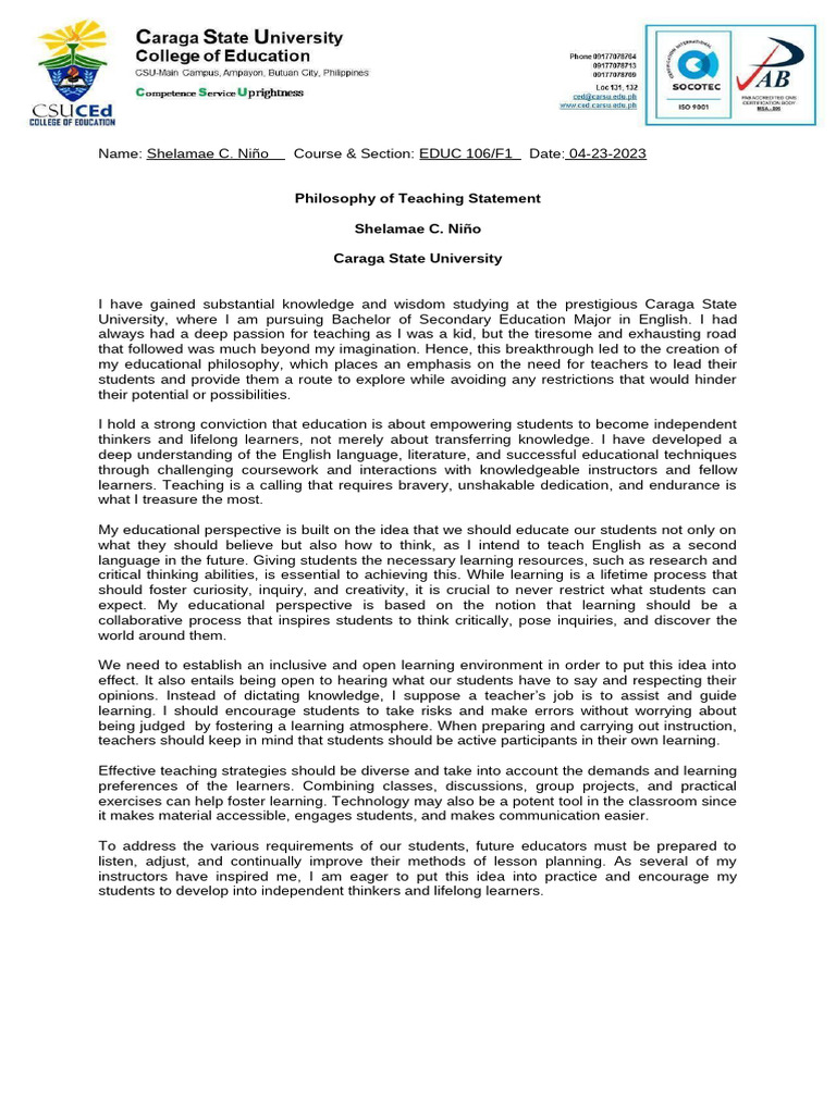Philosophy of Education Statement | PDF