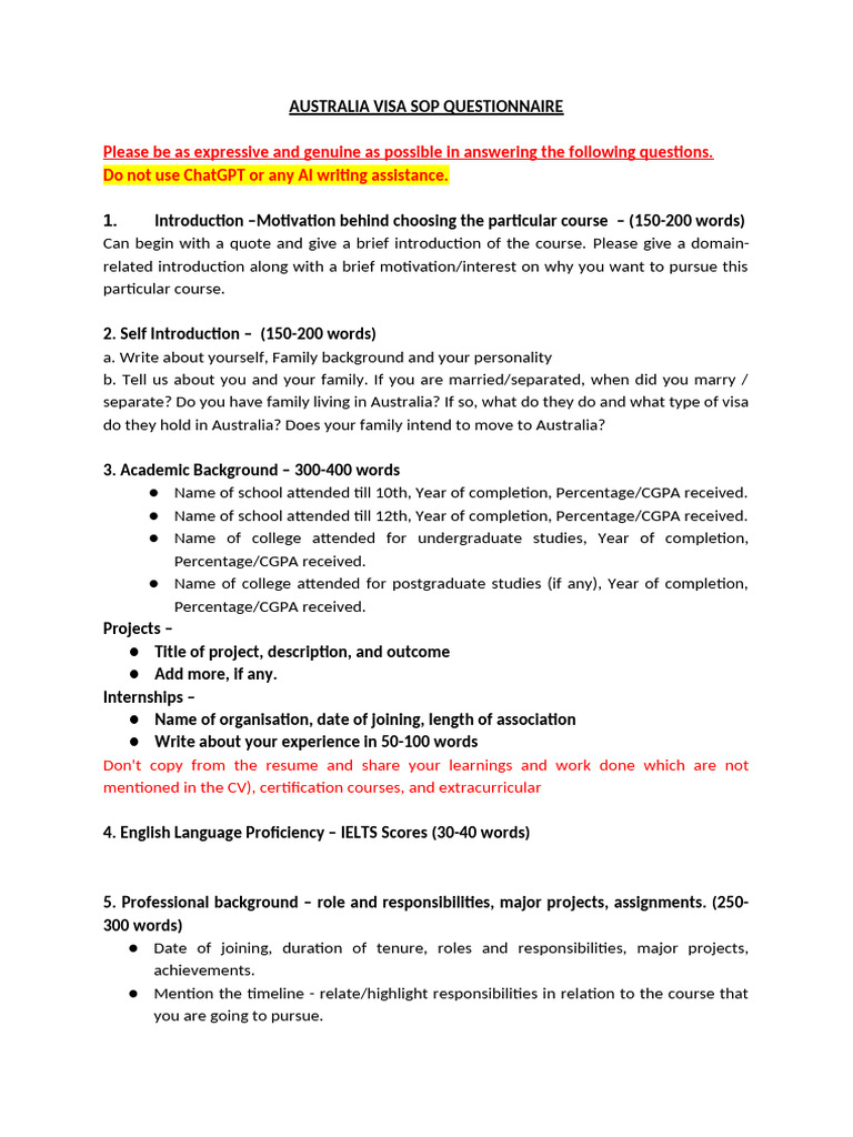 Australia VISA SOP Questionnaire | PDF