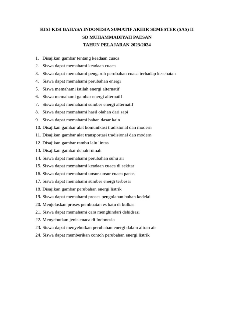 Kisi-Kisi Sas 2 B.indonesia KLS 3 | PDF