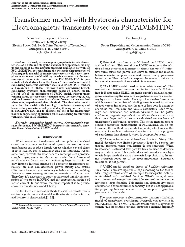 Xiaohua Li 2015 PSCAD-EMTDC Transformer Model With Hysteresis ...