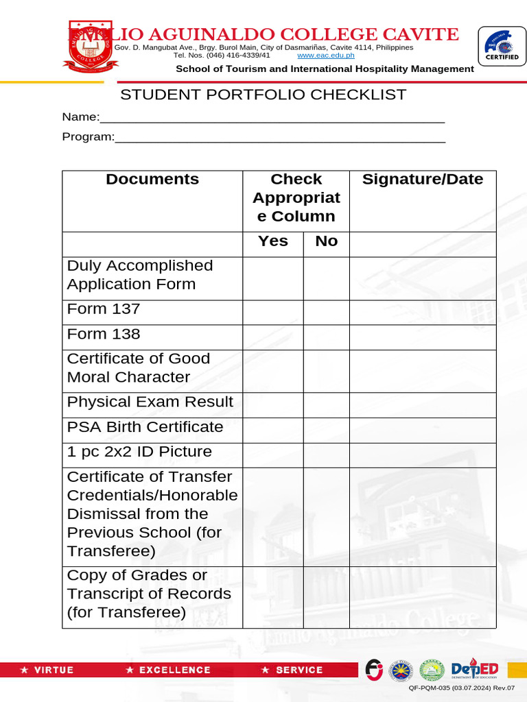 Student Portfolio Checklist | PDF