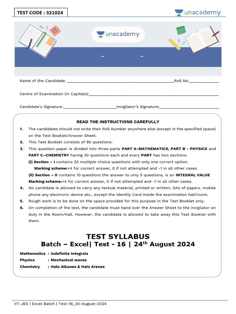 24 Aug 2024 Iit Jee Test 16 Excel 321024 Faculty Pdf
