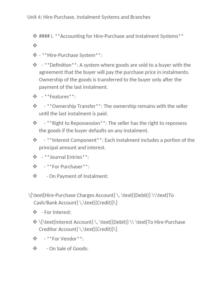 Hire-Purchase, Instalment Systems, and Branches (Unit - 4) (B.Com 1st ...