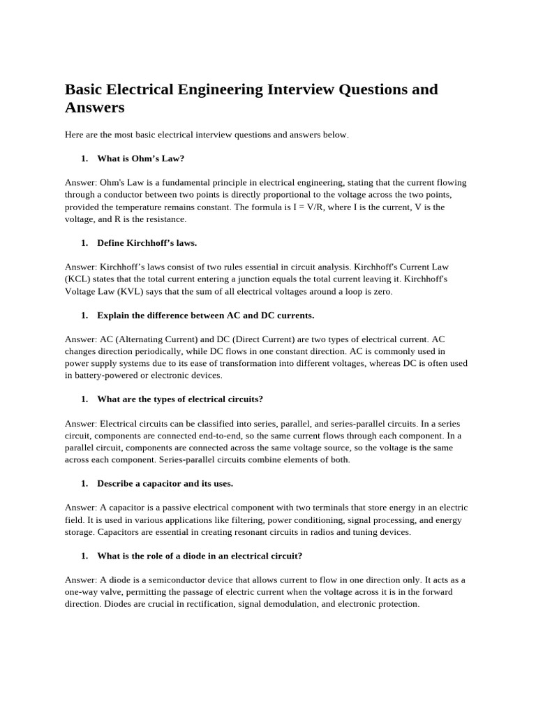 25 Electrical Engineering Interview Questions and Answers | PDF