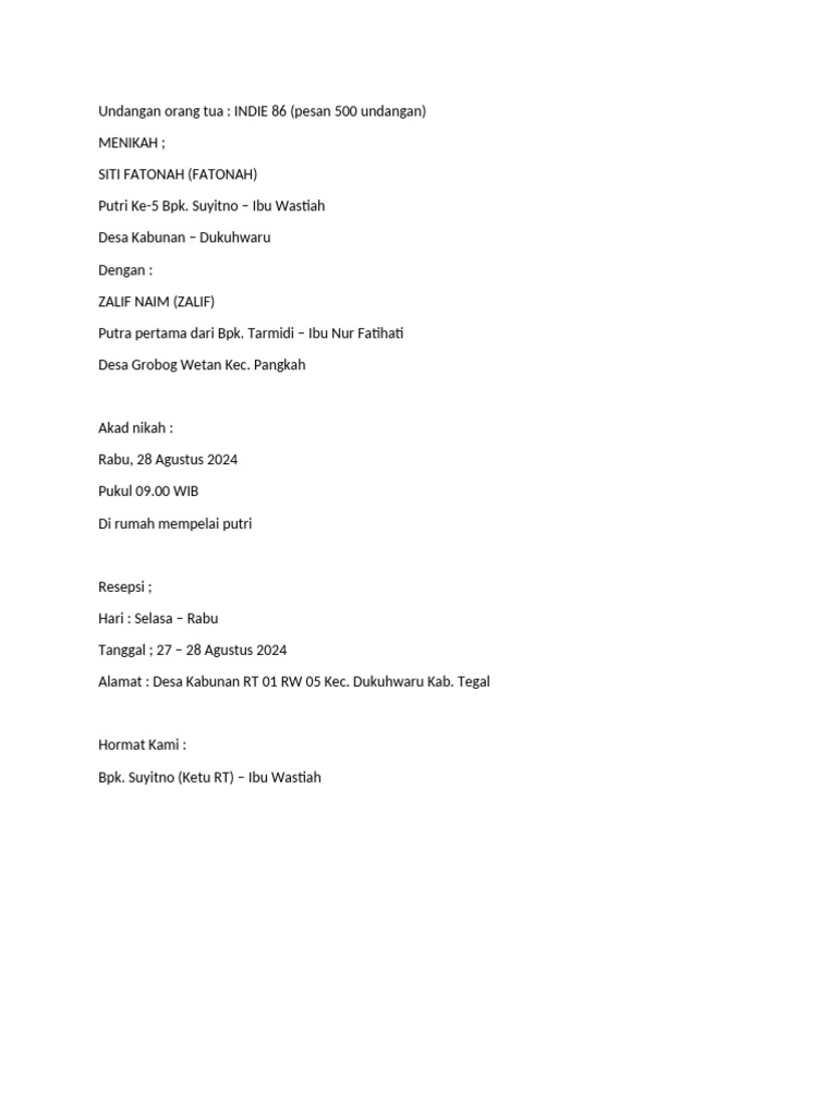 Undangan Siti Fatonah Dan Orang Tua | PDF