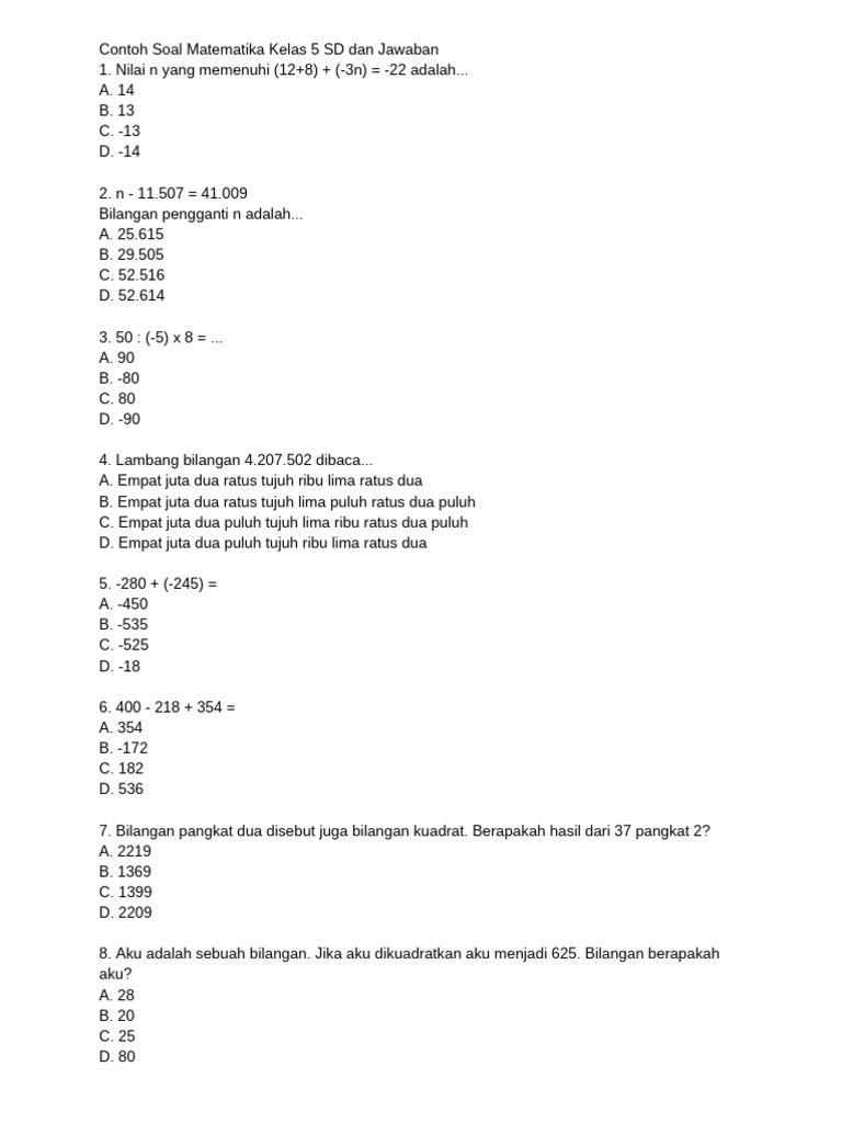 Contoh Soal Matematika Kelas 5 SD | PDF
