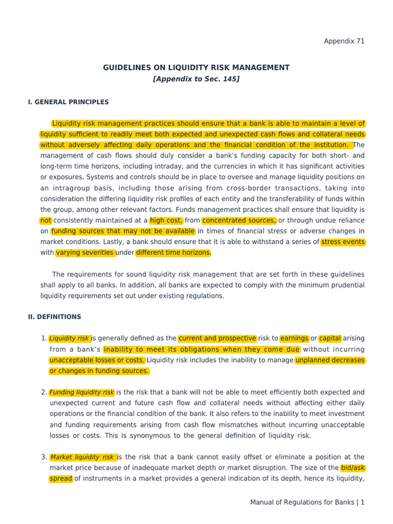 BSP Guidelines On Liquidity Risk Management | PDF