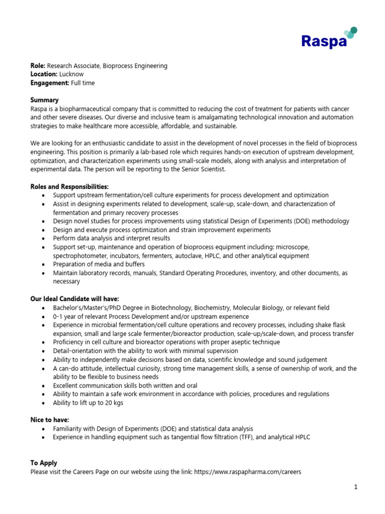 Research Associate - Bioprocess Engineering | PDF