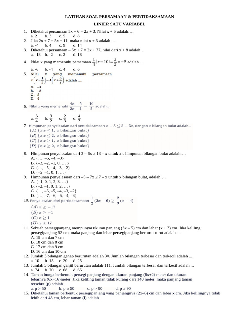 LATIHAN SOAL PERSAMAAN Dan Pertidaksamaan Linier | PDF