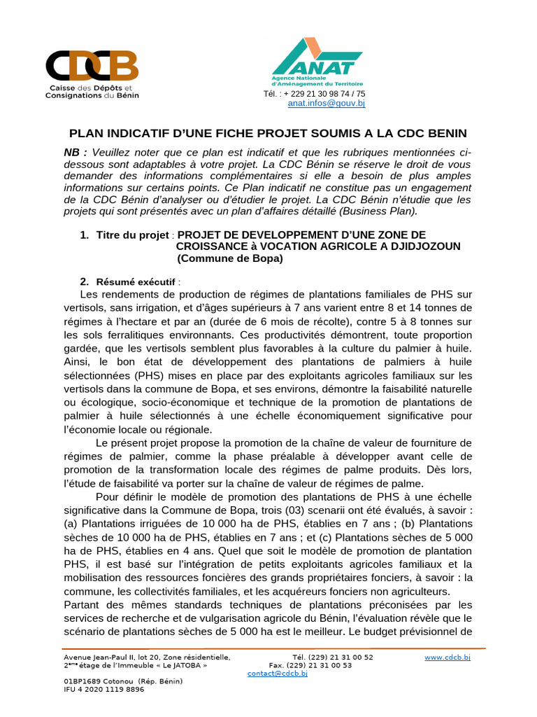 Fiche de Projet Agropole Bopa (Commune de Bopa) | PDF